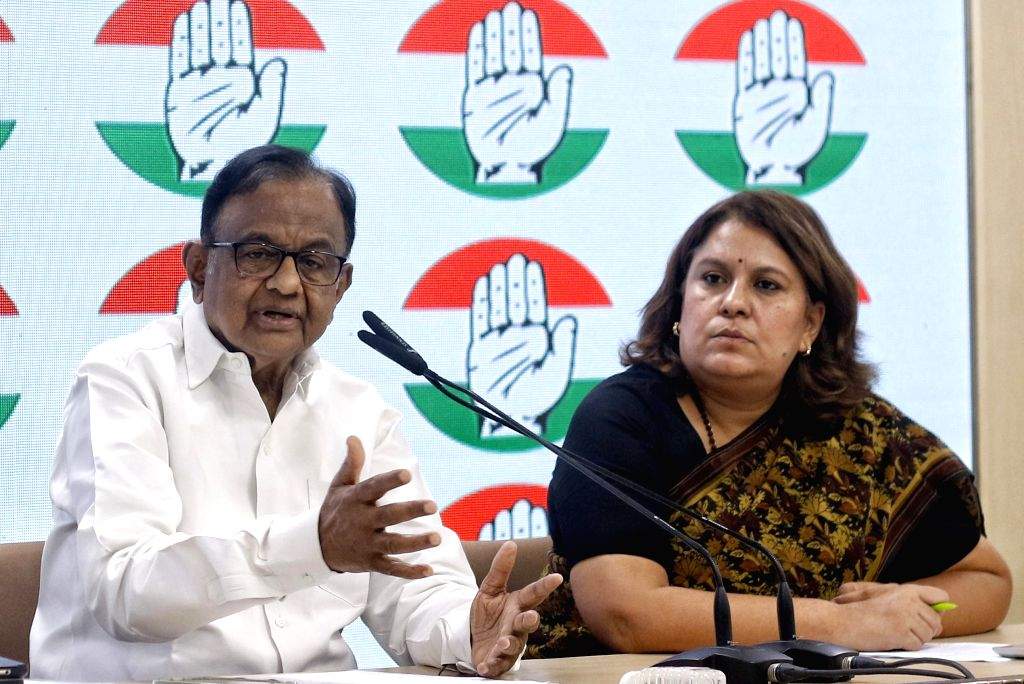 Congress Party leader P. Chidambaram and Supriya Shrinate addresses a ...