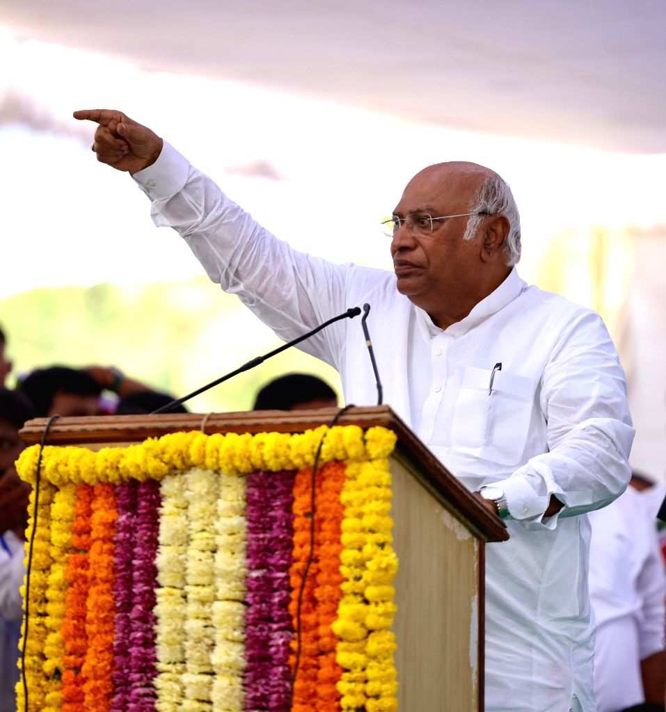 Congress President Mallikarjun Kharge during a public meeting