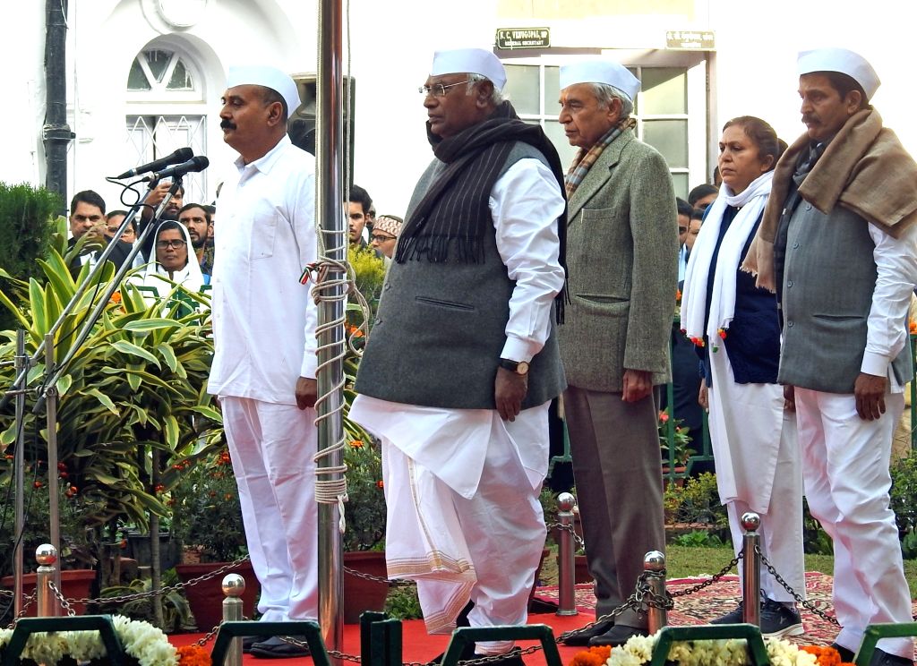 Congress President Mallikarjun Kharge with party leaders observes the ...
