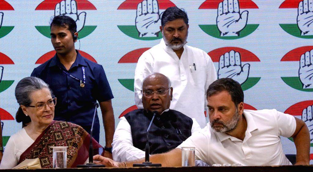 Congress President Mallikarjun Kharge with party leaders Sonia Gandhi ...