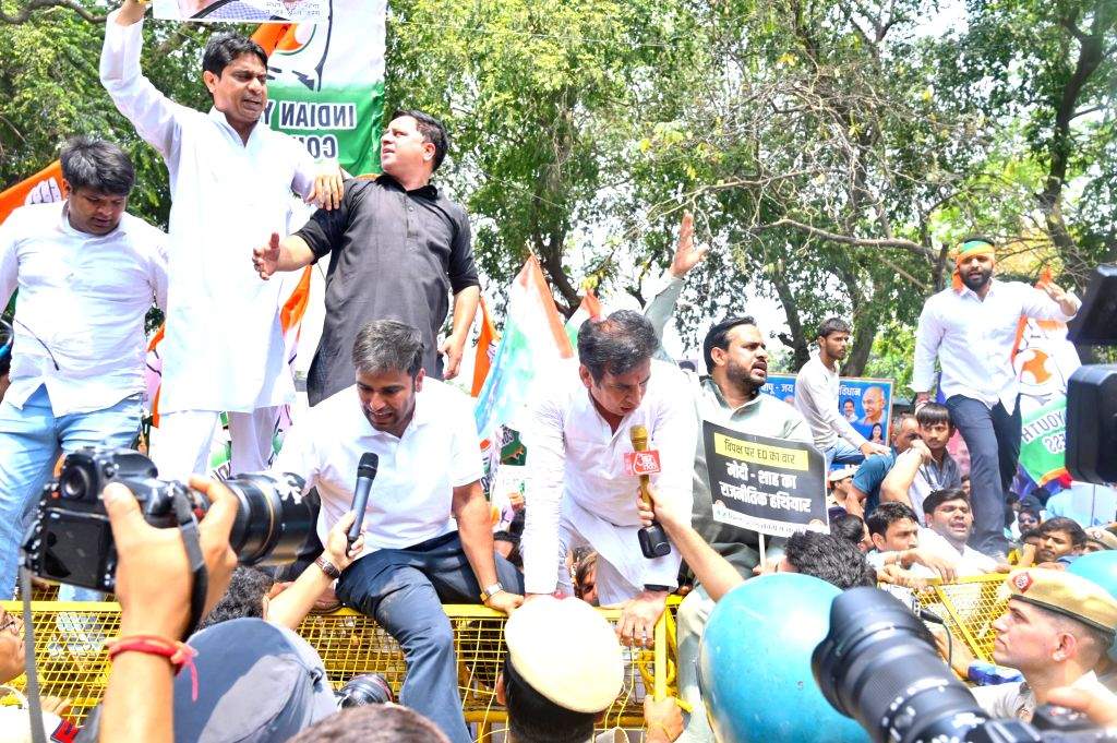 Congress stages protest against ED charges at AICC HQ