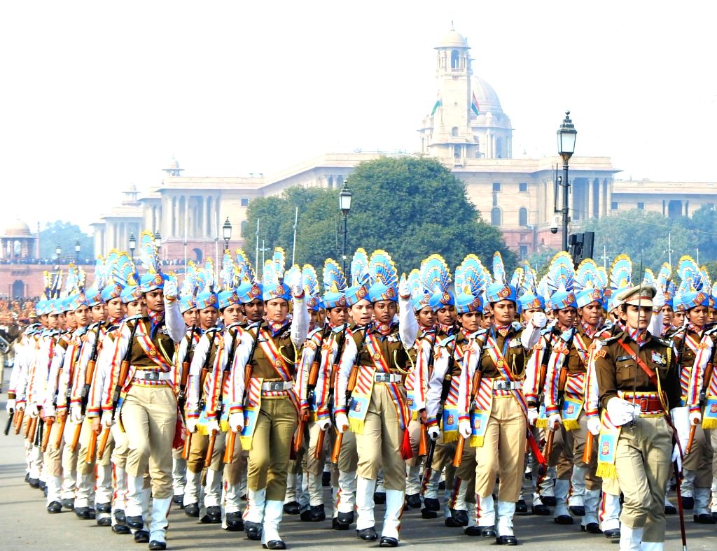CRPF women personnel march past during a rehearsal