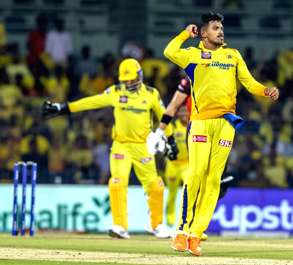 CSK bowler Maheesh Theekshana celebrates after taking the wicket of SRH ...