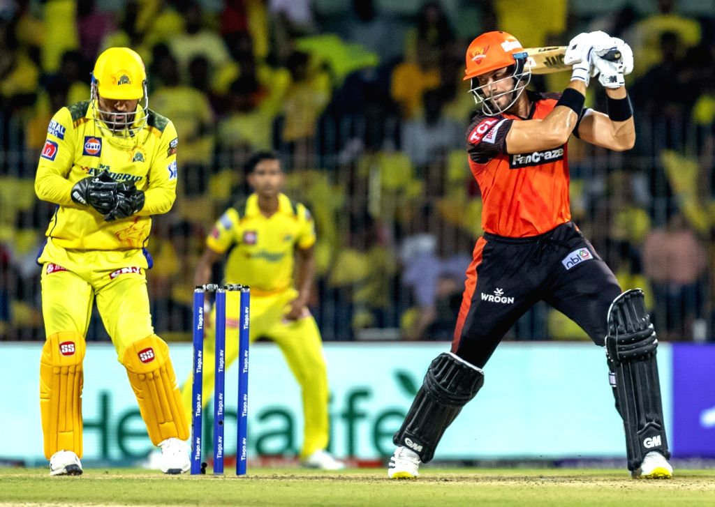 CSK captain MS Dhoni takes a catch to dismiss SRH captain Aiden Markram