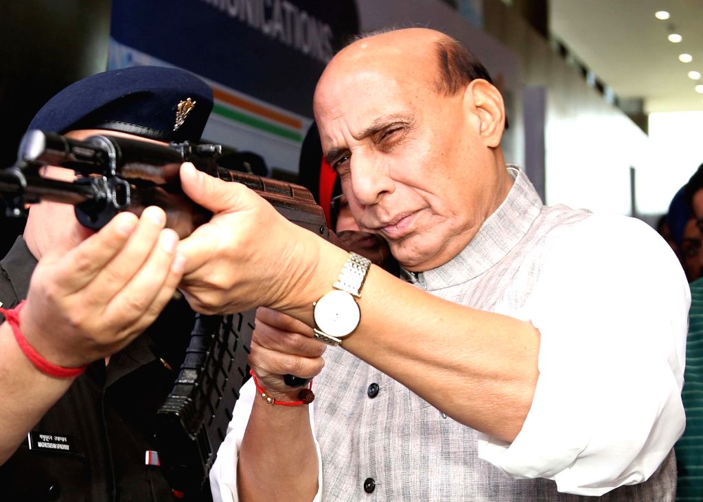 Defence Minister Rajnath Singh at an exhibition during the Army ...