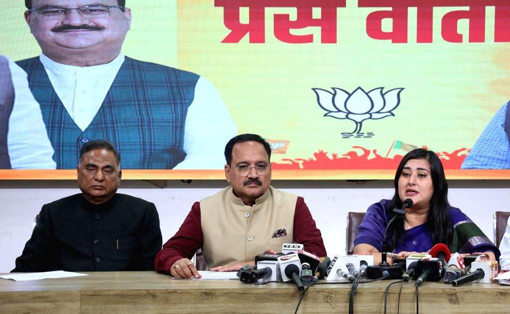 Delhi BJP President Virendra Sachdeva and party MPs Bansuri Swaraj and ...