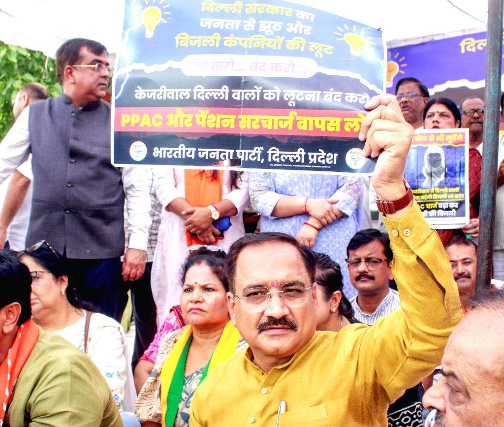 Delhi BJP president Virendra Sachdeva during the protest against the ...