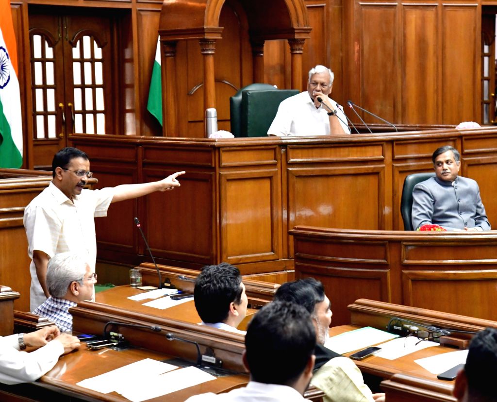 Delhi Chief Minister Arvind Kejriwal speaks during the Budget Session ...