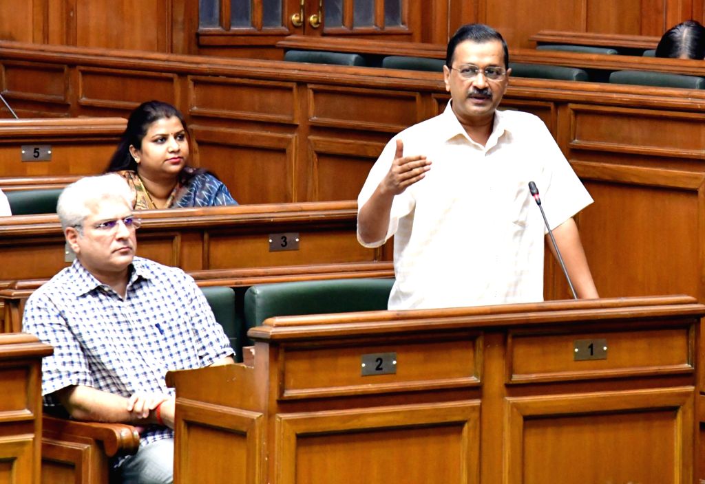 Delhi Chief Minister Arvind Kejriwal speaks during the Budget Session ...