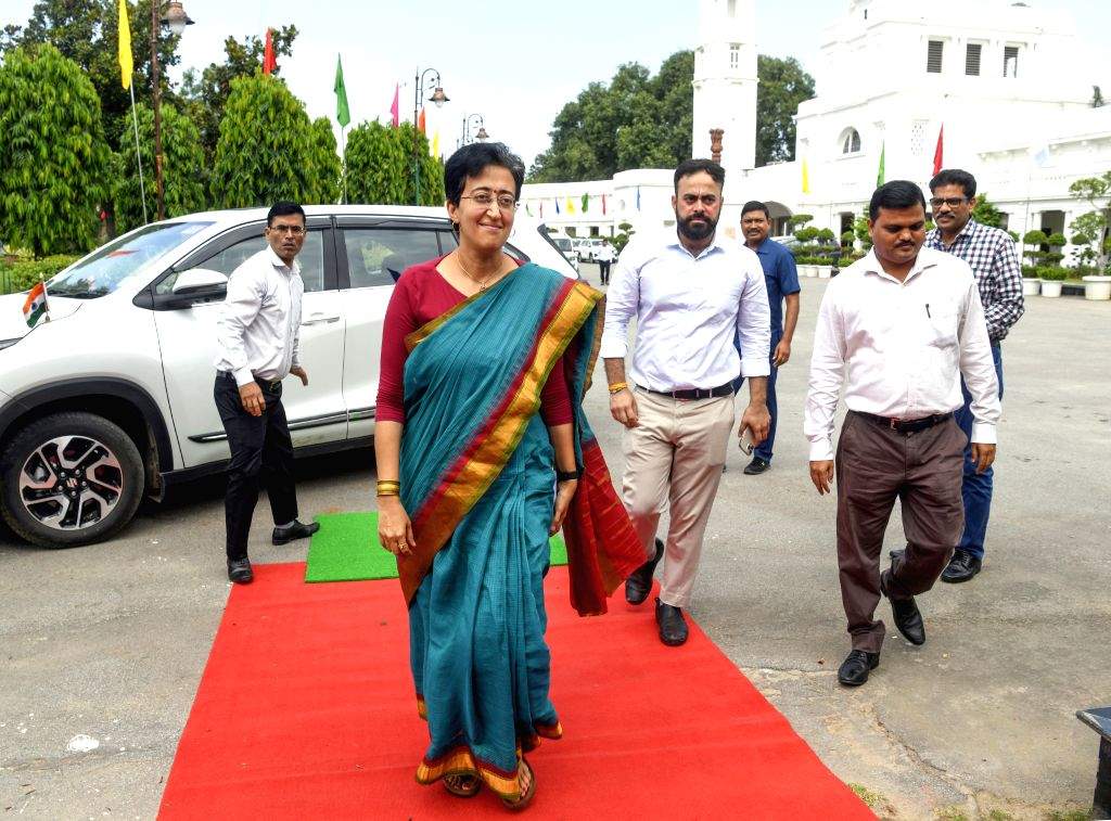 Delhi Chief Minister Atishi arrives at the Civic Centre