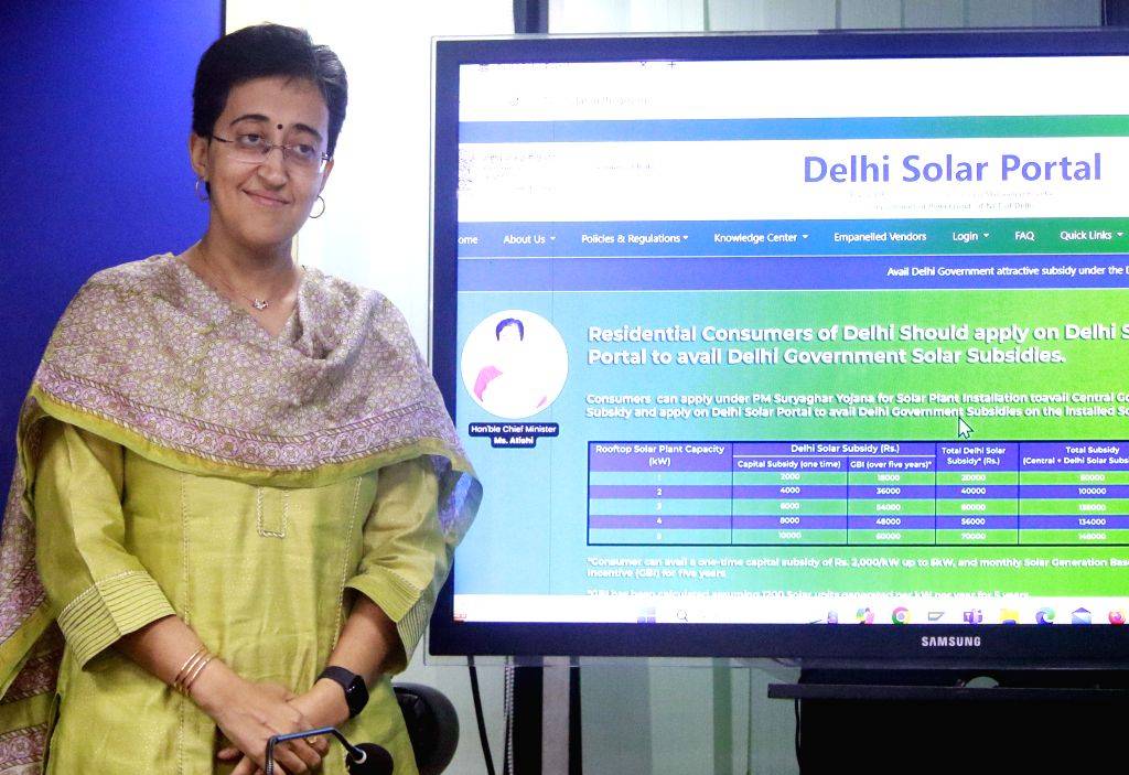 Delhi Chief Minister Atishi Marlena during the launch of Delhi Solar Portal