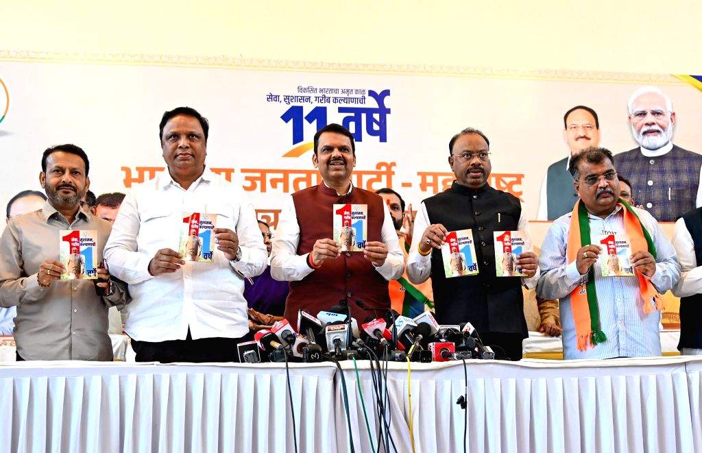 Devendra Fadnavis addresses a press conference on 11 years of Modi Govt