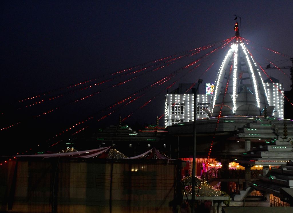 Illuminated Jhandewalan Temple on the eve of Navratri celebrations