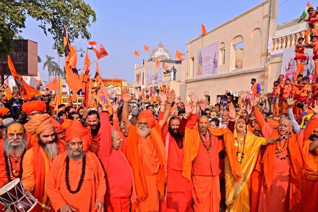 Devotees during a religious procession at Rampath ahead of Ram temple ...