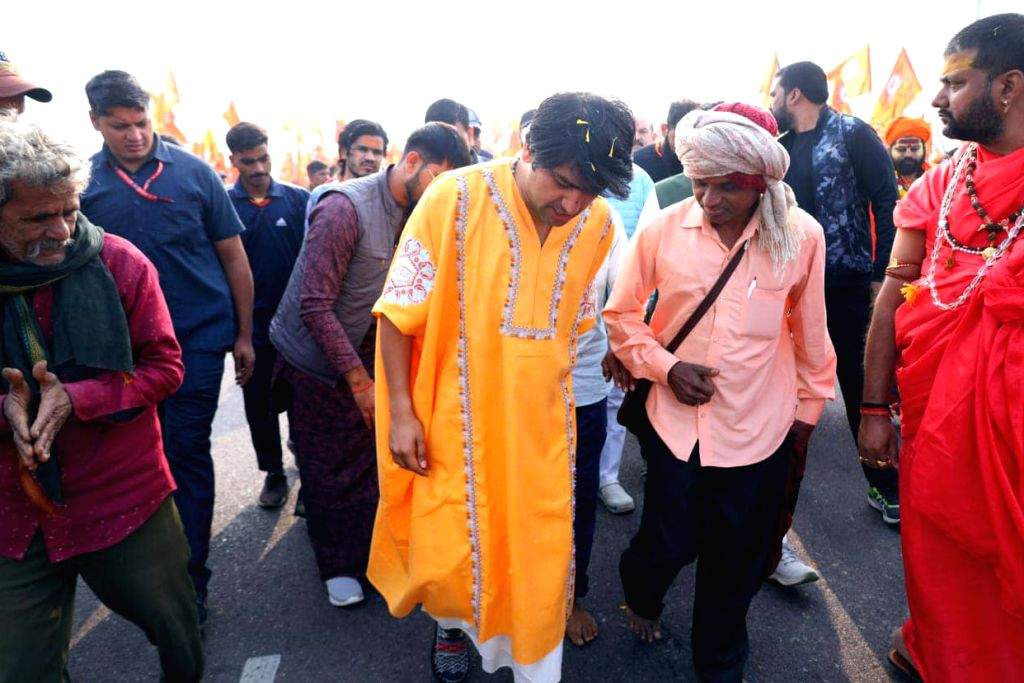 Devotees participate in the Sanatan Hindu Ekta Padayatra
