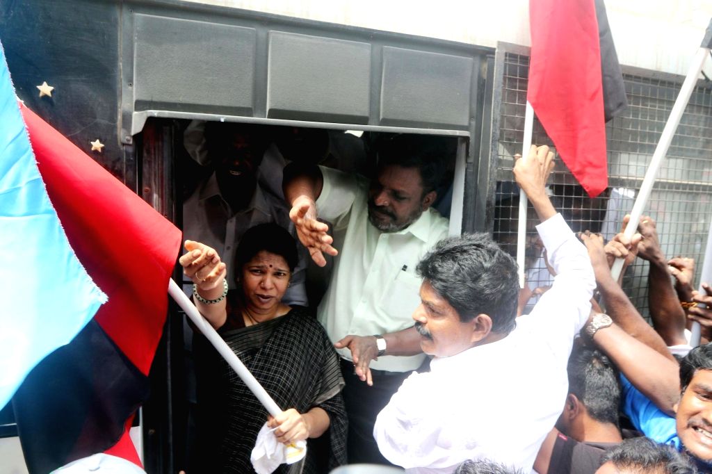 DMK MP Kanimozhi detained with party workers during a protest rally