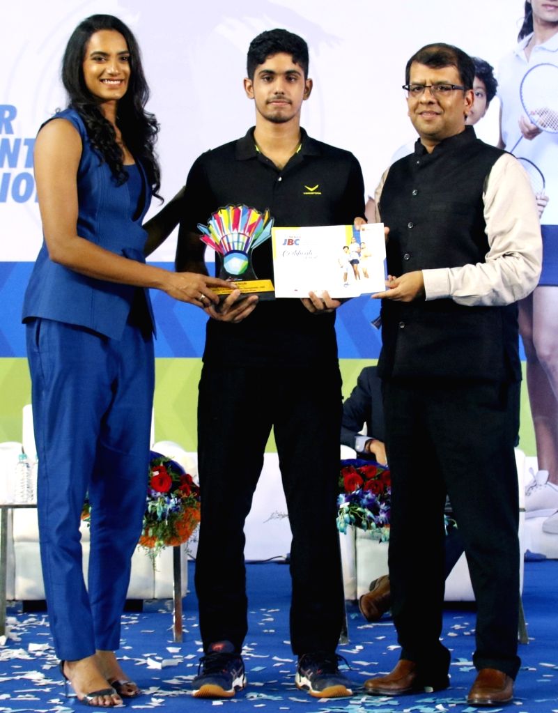 Double Olympic medalist PV Sindhu felicitates a badminton player