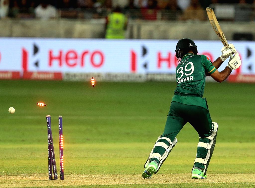 :Dubai: Pakistan's Fakhar Zaman bowled by Sri Lanka's Pramod Madushan