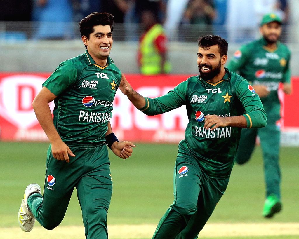 :Dubai: Pakistan's Naseem Shah celebrate the dismissal of Sri Lanka's ...