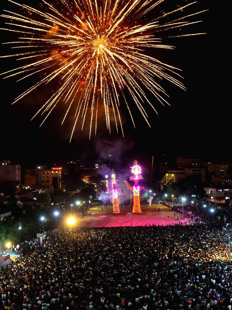 Effigies of 'Ravana', 'Meghnath', and 'Kumbhkaran' burn during Dussehra ...