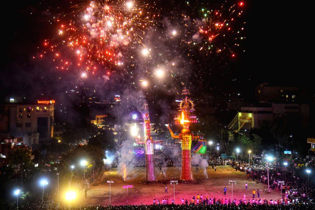 Effigies of 'Ravana', 'Meghnath', and 'Kumbhkaran' burn during Dussehra ...