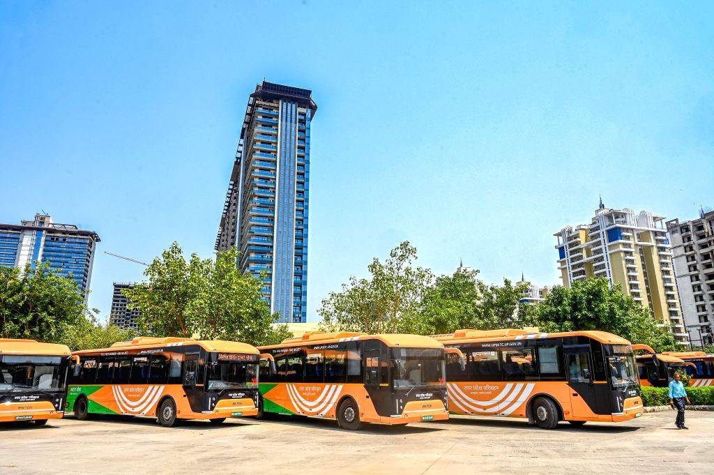 Electric AC buses parked ahead of city bus service launch