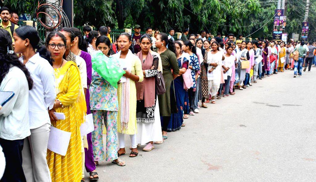 Examinees Queue for Assam Direct Recruitment Examination