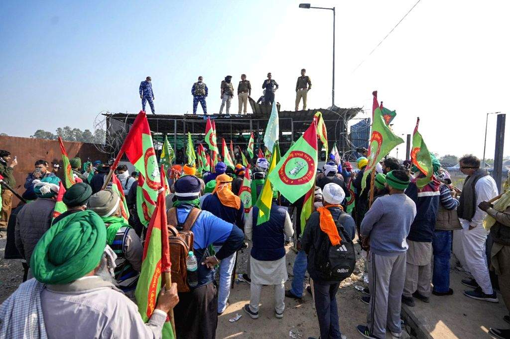 Farmers during their foot march towards Delhi, at Shambhu border