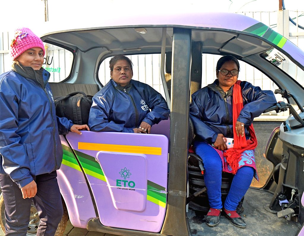 New Delhi : Female drivers standing next to auto during launch of For ...