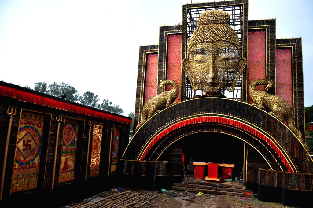 Durga Puja pandal with a 64-feet tall face of Buddha