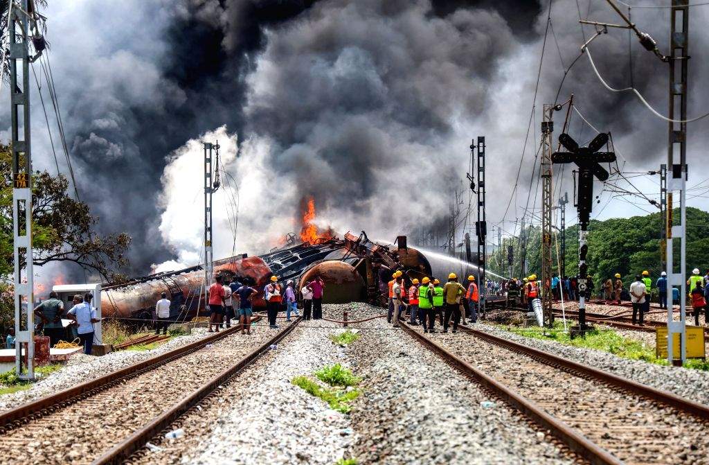 Fire After Freight Train Derailment Near Tiruvallur