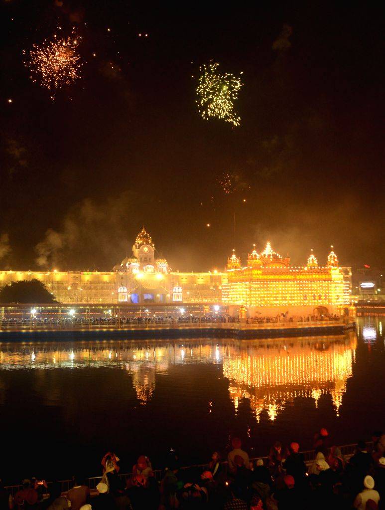 Fireworks at illuminated Golden Temple on Guru Nanak Jayanti