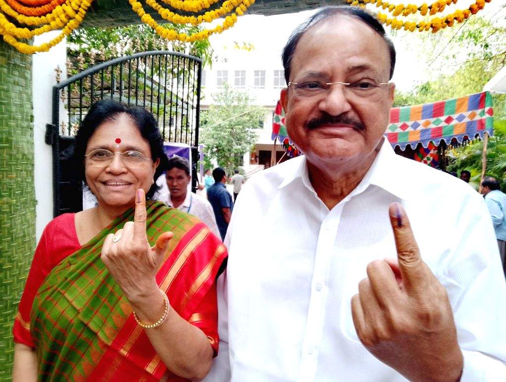 Former Vice President M Venkaiah Naidu and his wife, Usha Naidu, show ...