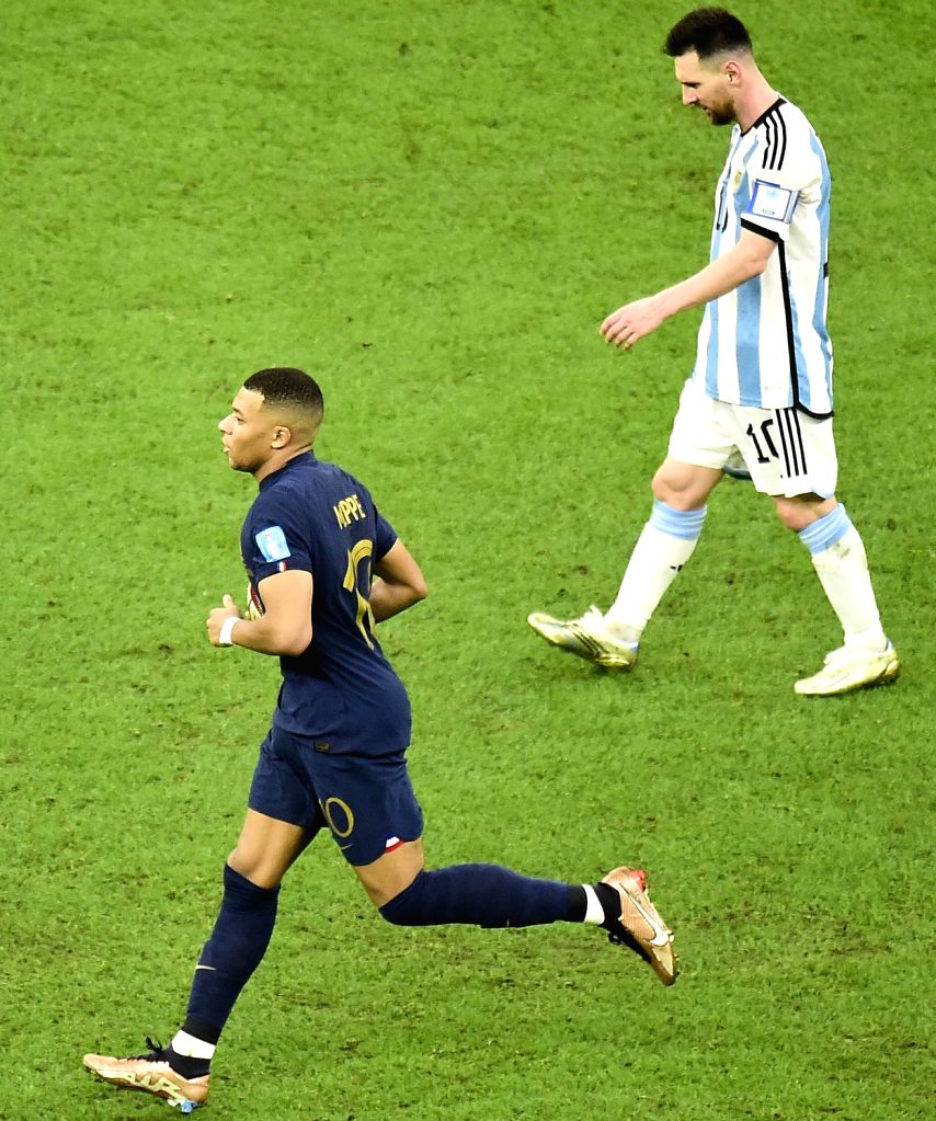 :Lusail:France's Kylian Mbappe celebrates scoring his side's first goal.