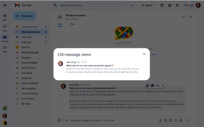 Google Chat to show view counts for messages in spaces
