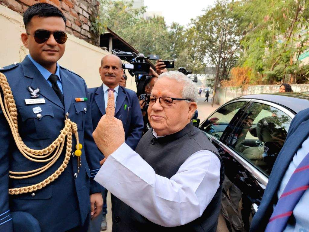 Governor of Rajasthan Kalraj Mishra shows his ink-marked finger after ...