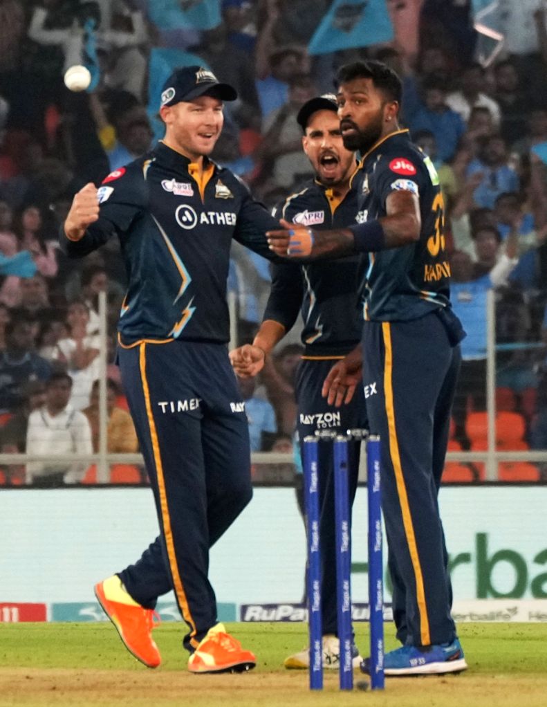 GT captain Hardik Pandya with David Miller celebrate the dismissal of ...