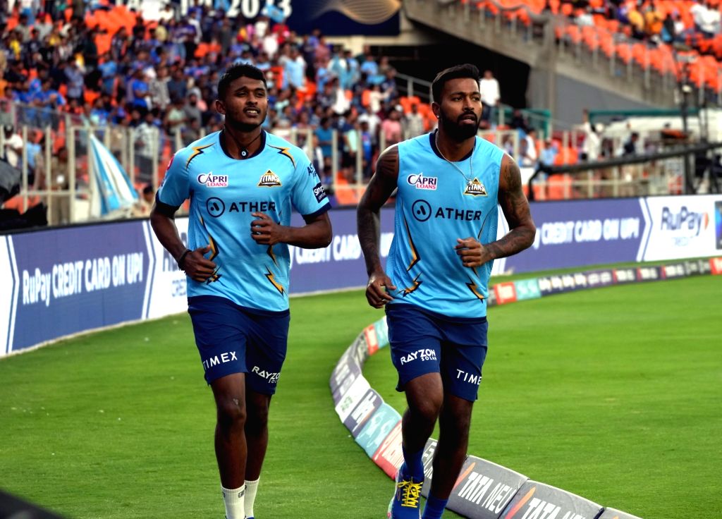 GT's captain Hardik Pandya with teammate before the start of the the ...