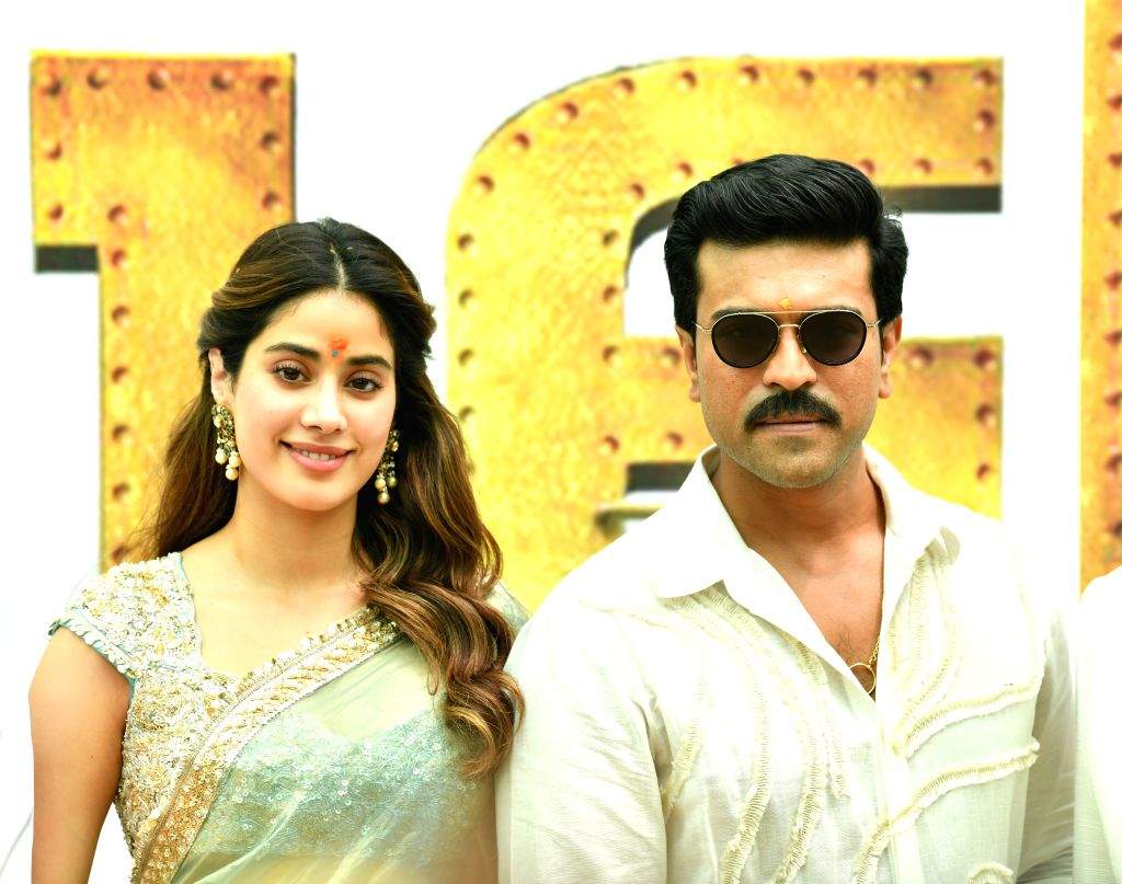 Actors Ram Charan, Janhvi Kapoor and Chiranjeevi during the pooja ...