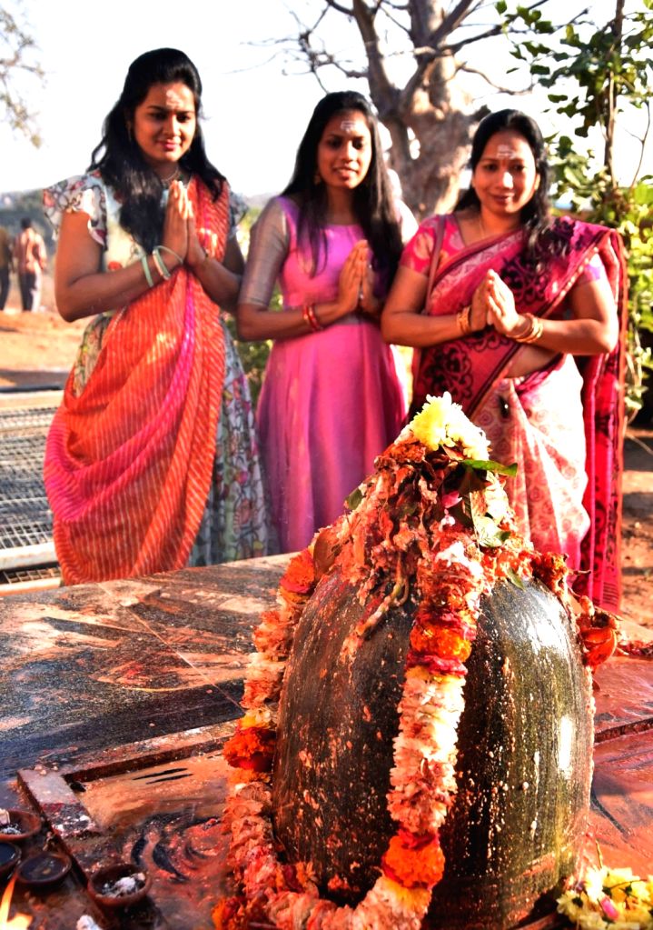 Devotees worship a Shivling.