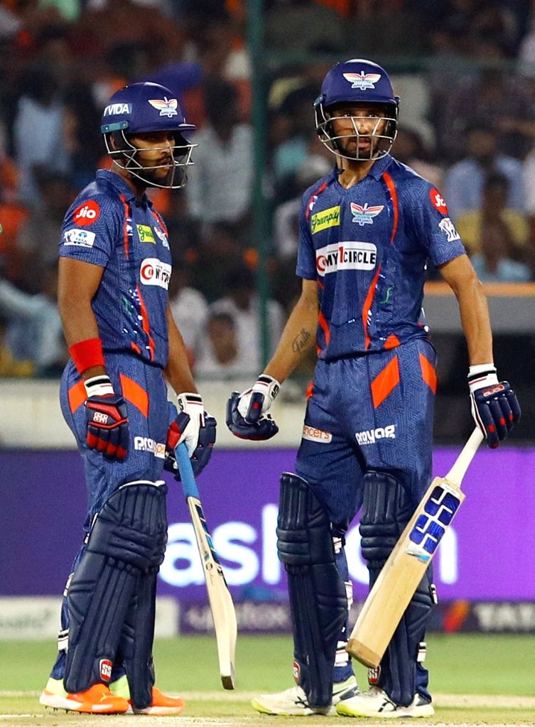 Hyderabad : LSG's Nicholas Pooran and Prerak Mankad during the IPL 2023 ...