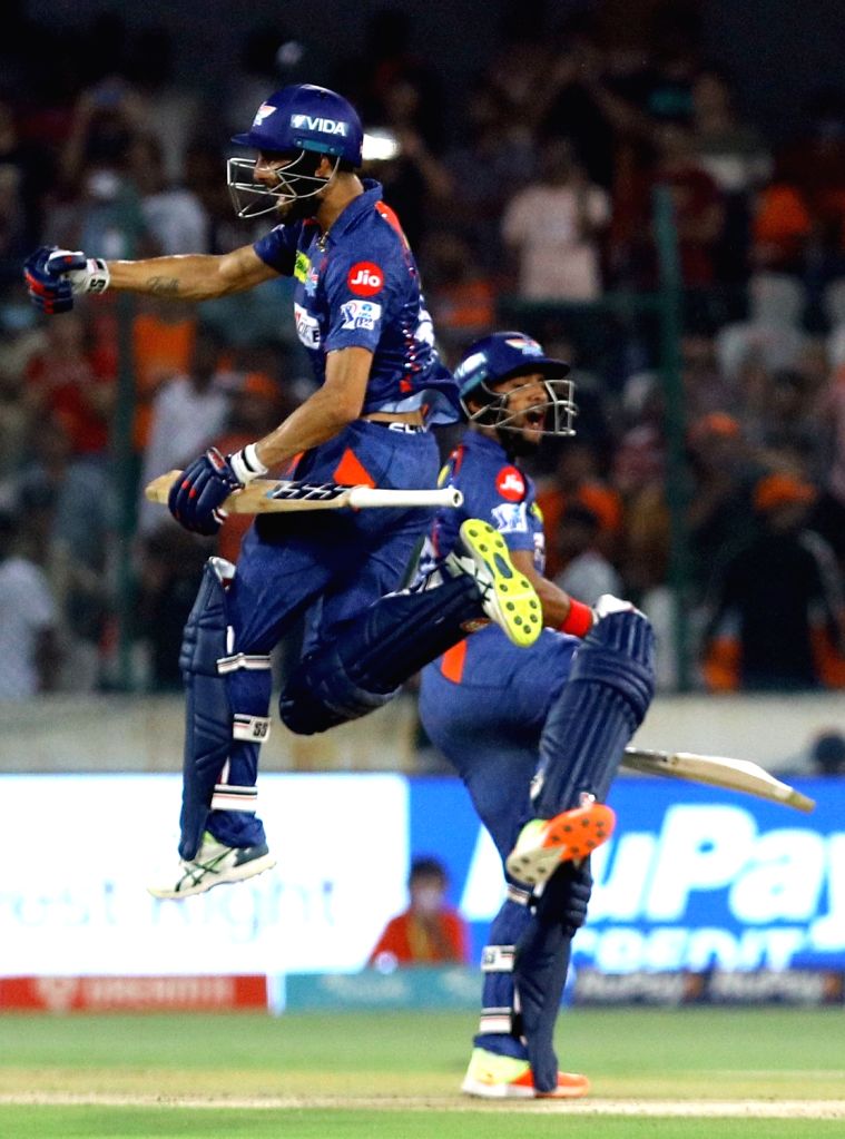 Hyderabad : LSG' Nicholas Pooran and Prerak Mankad celebrate after ...