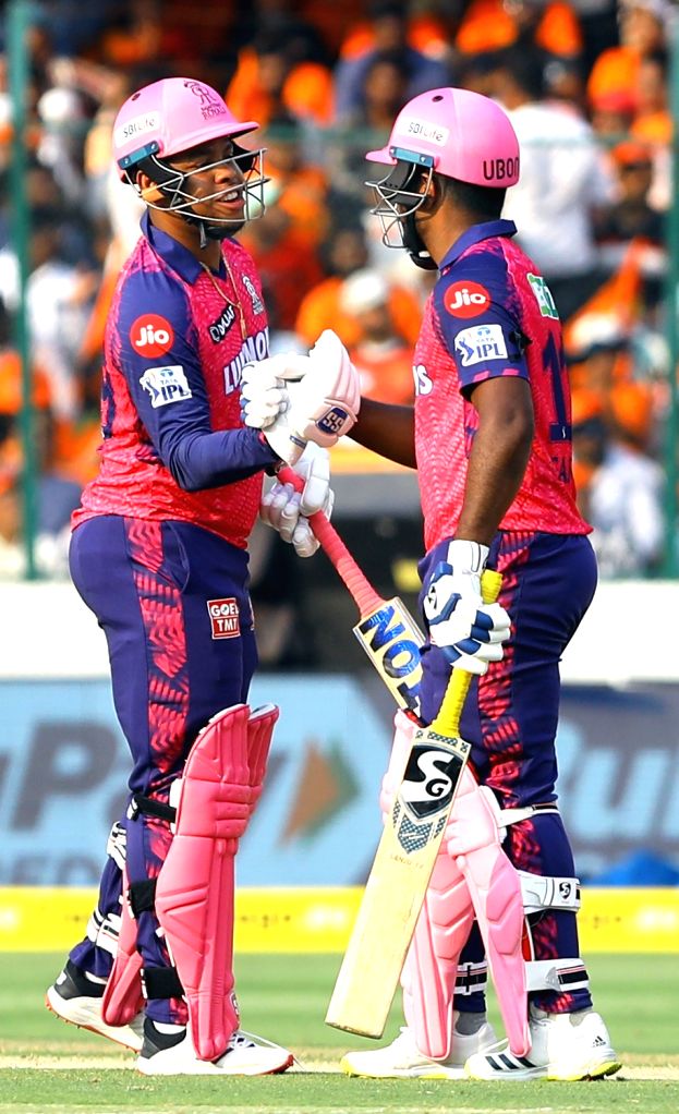 Hyderabad : RR's captain Sanju Samson and batter Shimron Hetmyer during ...