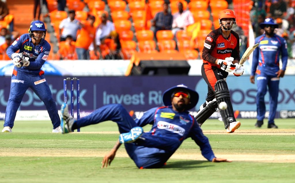 Hyderabad : SRH's batsman Anmolpreet Singh watches the ball after ...