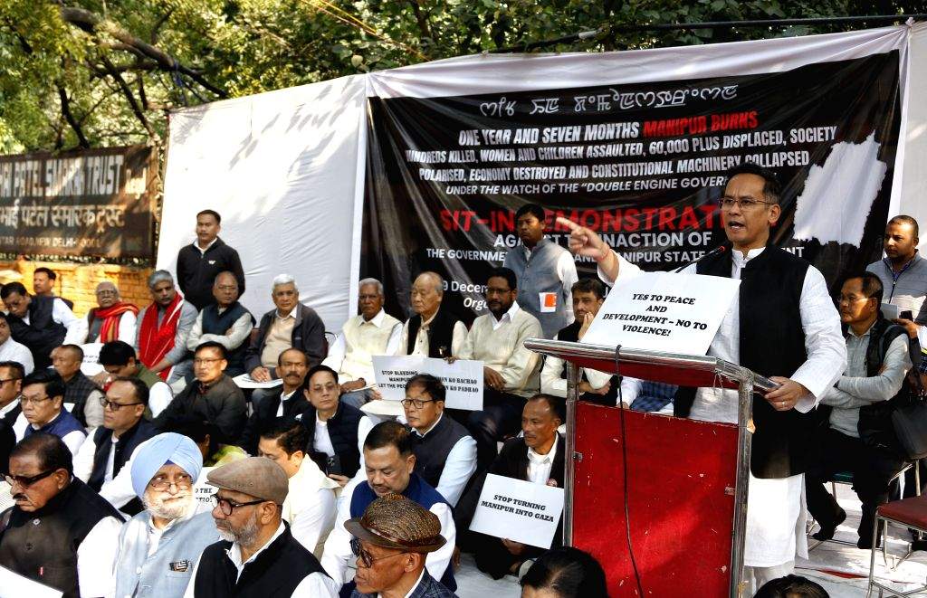 INDIA coalition members stage a protest at Jantar Mantar