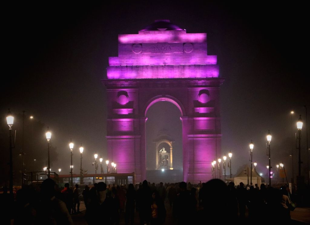 :New Delhi:India Gate lit up purple to mark the International Day of ...