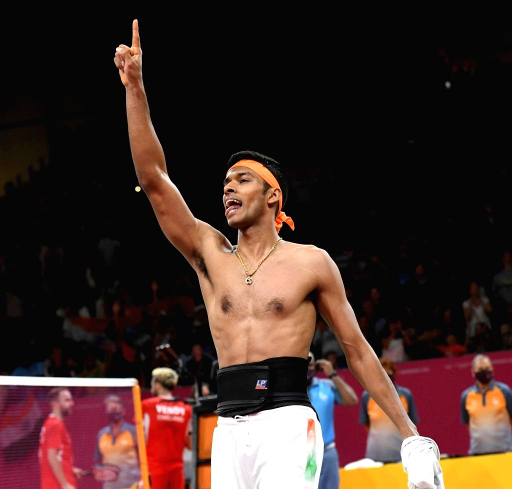 India's Chirag Shetty celebrates victory.