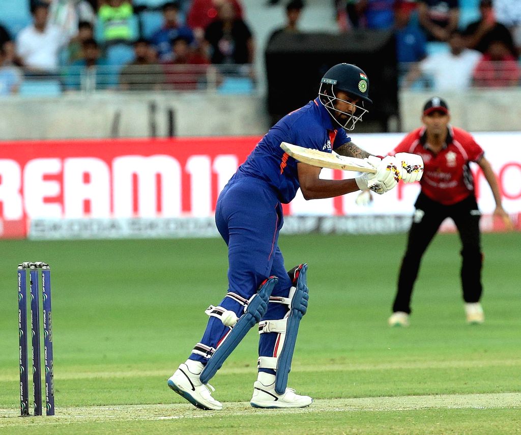 :Dubai:ndia's KL Rahul plays a shot during the T20 cricket match.