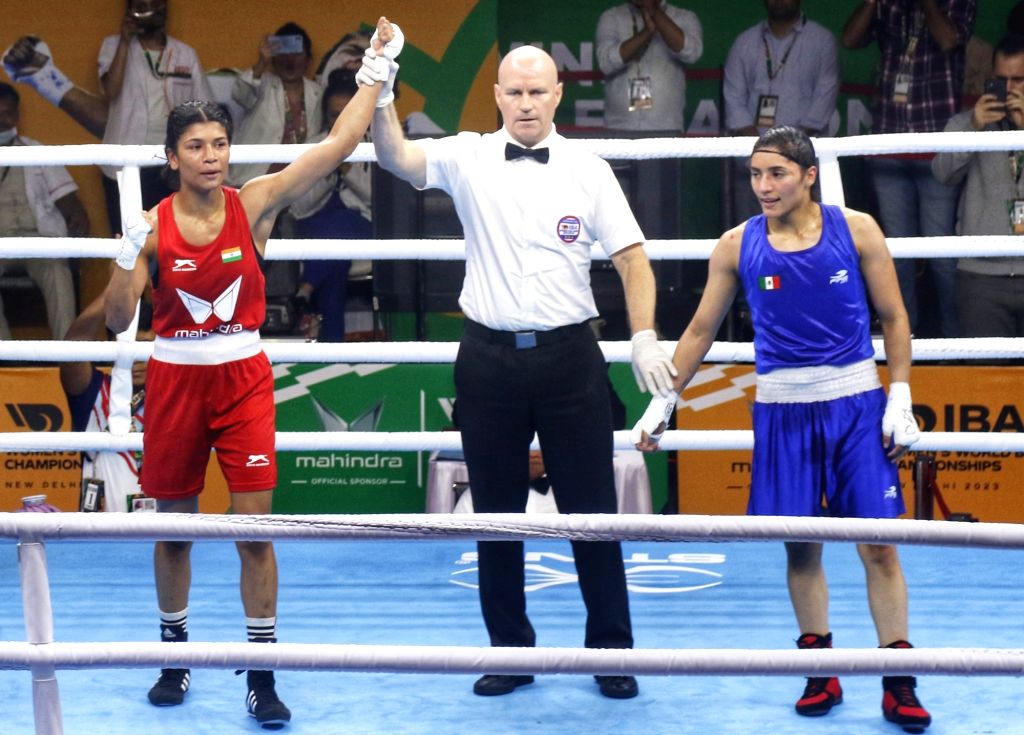 New Delhi : India's Nikhat Zareen being declared winner