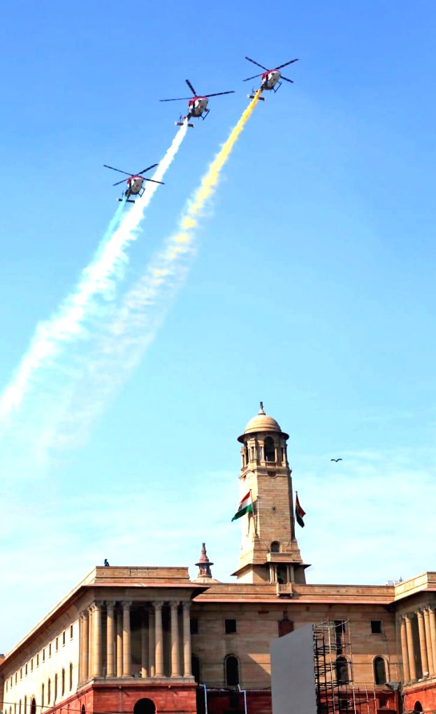 Indian Air Force aircrafts fly past during a rehearsal